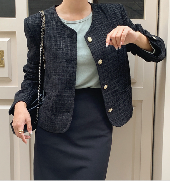 Black Round Neck Tweed Jacket | The best Outers – HOLIHOLIC