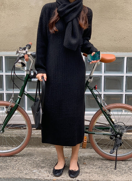 V Neck Ribbed Dress with Muffler | The best Dresses – HOLIHOLIC